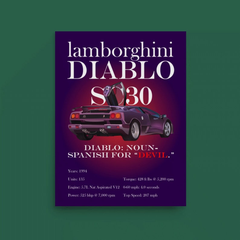 Lamborghini Diablo SE30 Poster Perfect Gift for Any Car Enthusiast or ...