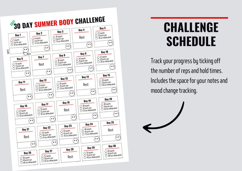 Printable 30 Day Summer Body Challenge Get in Shape at Home With Our ...