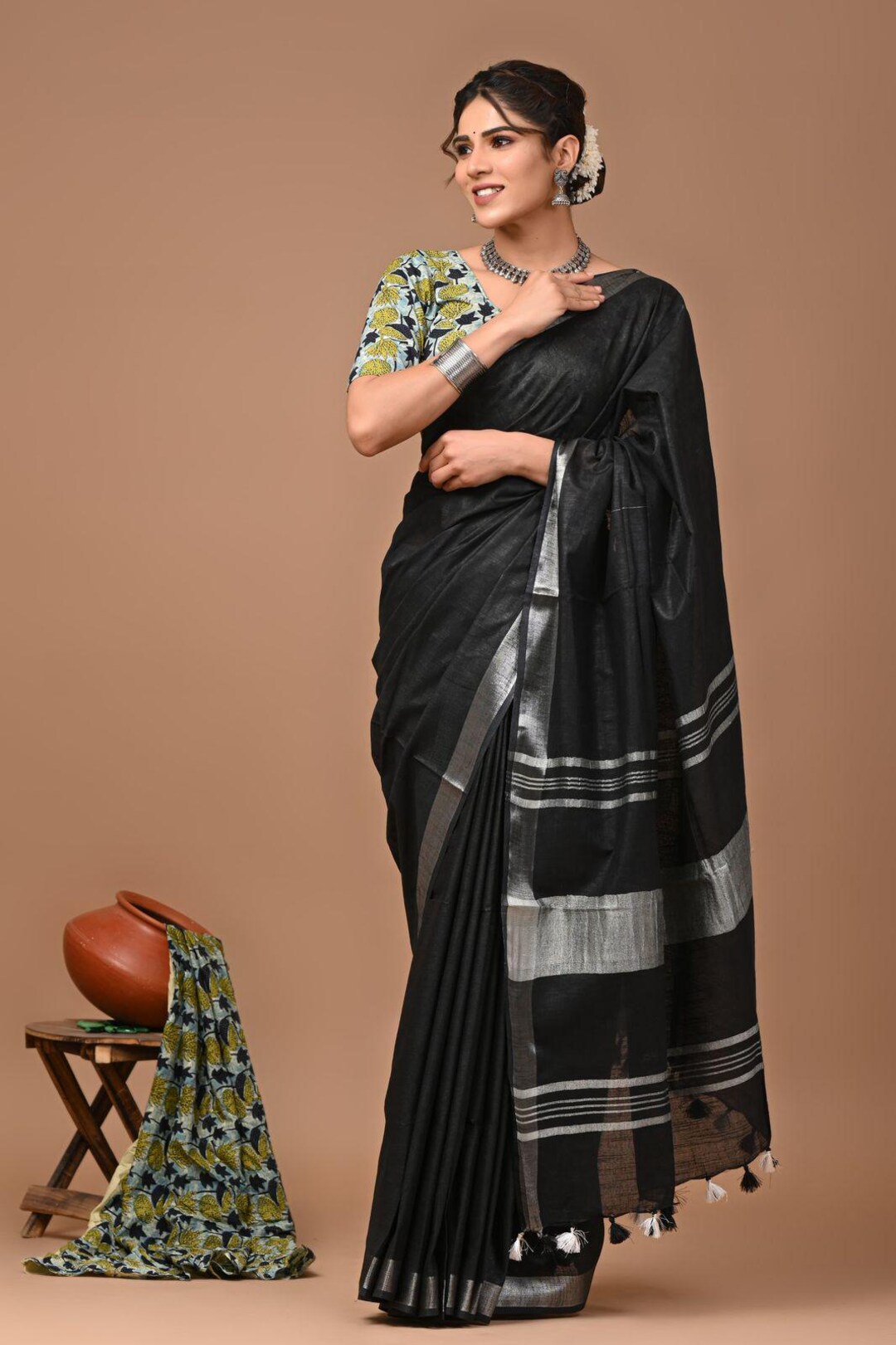 Linen Sari With Silver Zari Border, Minimalist Indian Saree, Ethnic ...