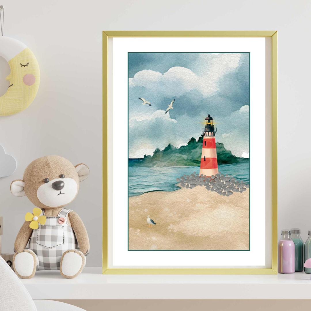Cloudscape Lighthouse Art for Children, Children's Cloudy Coastal ...