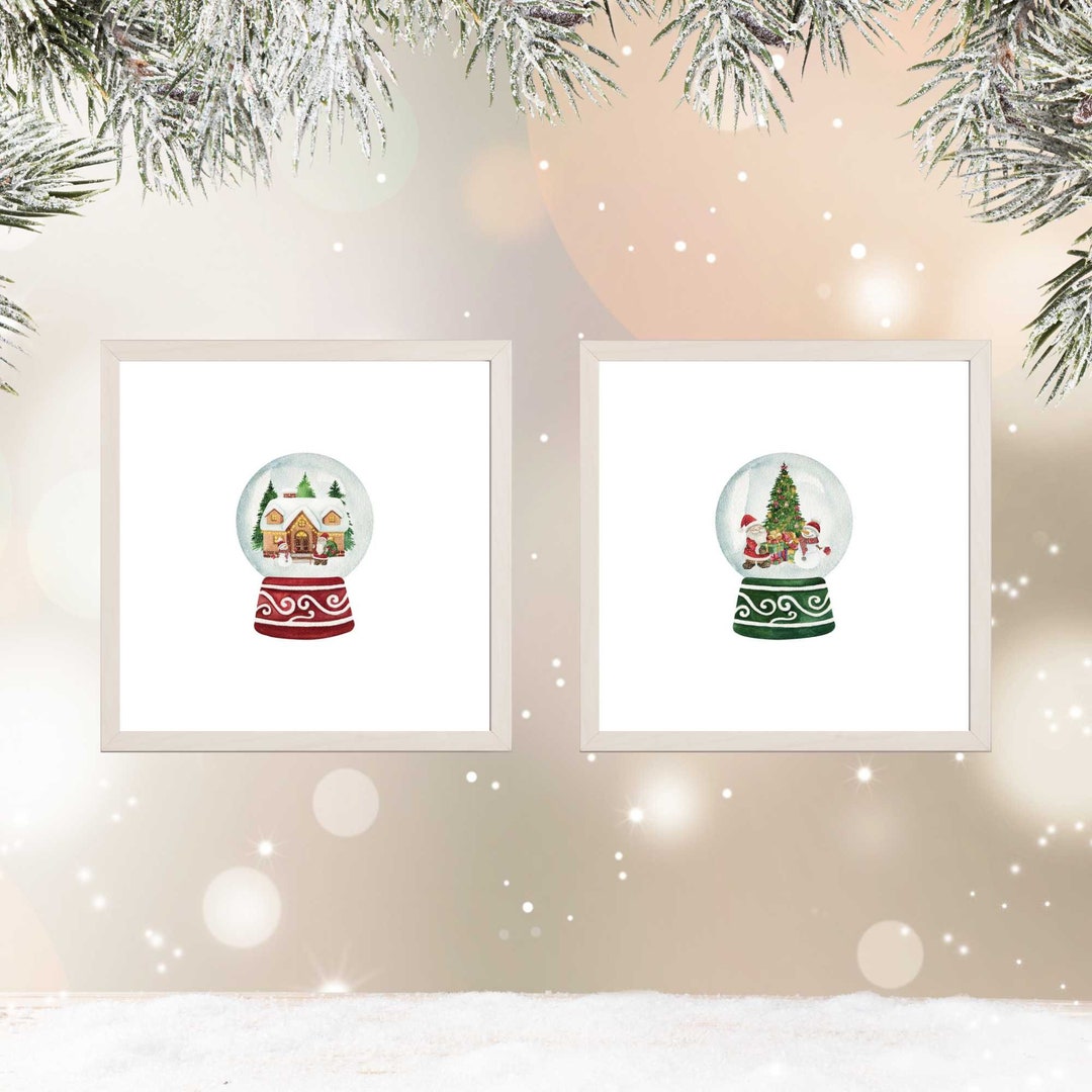 Christmas Snow Globe Watercolor Prints, Set of 2 Square Wall Art for ...