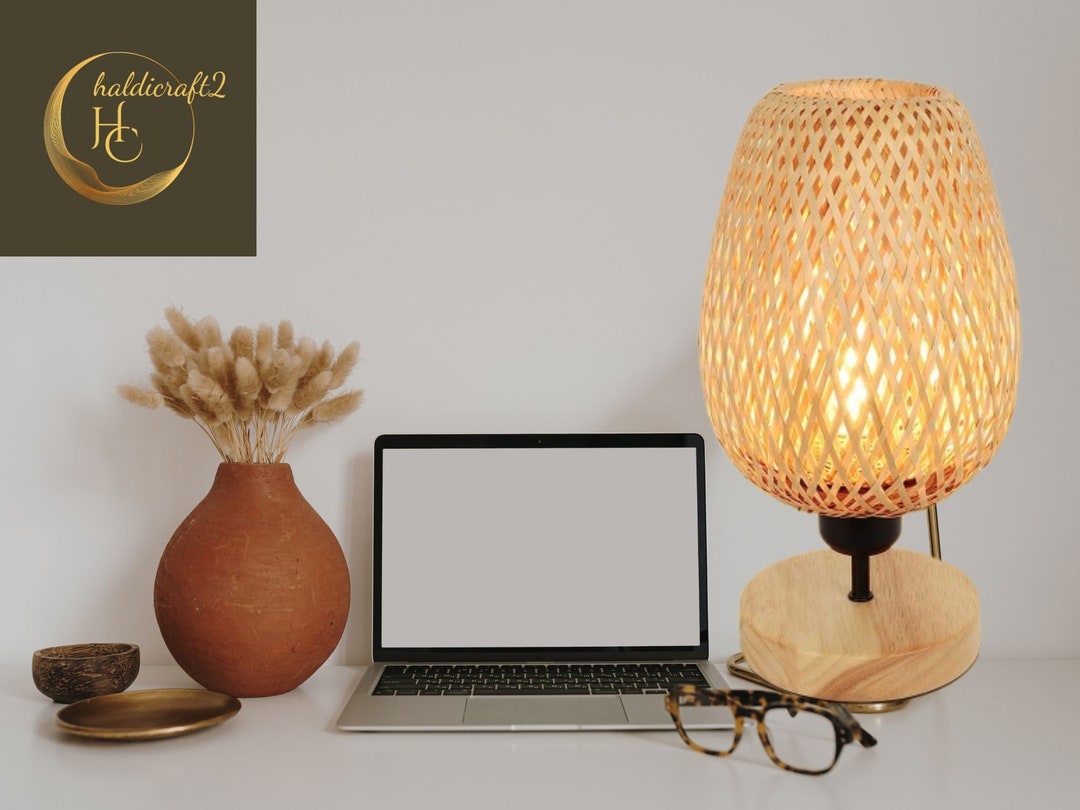 Boho Rattan Standing Table Lamp / Small Bamboo Table Lamp/ Unique ...