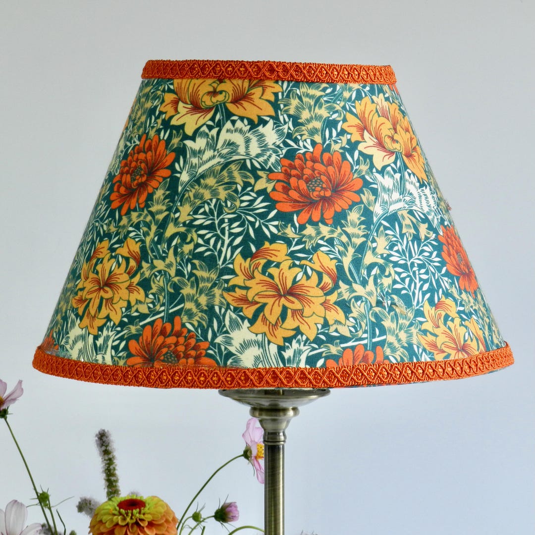 William Morris Print Lampshade – Orange & Jade Floral Heath Design – Tapered Shade in Cotton ...