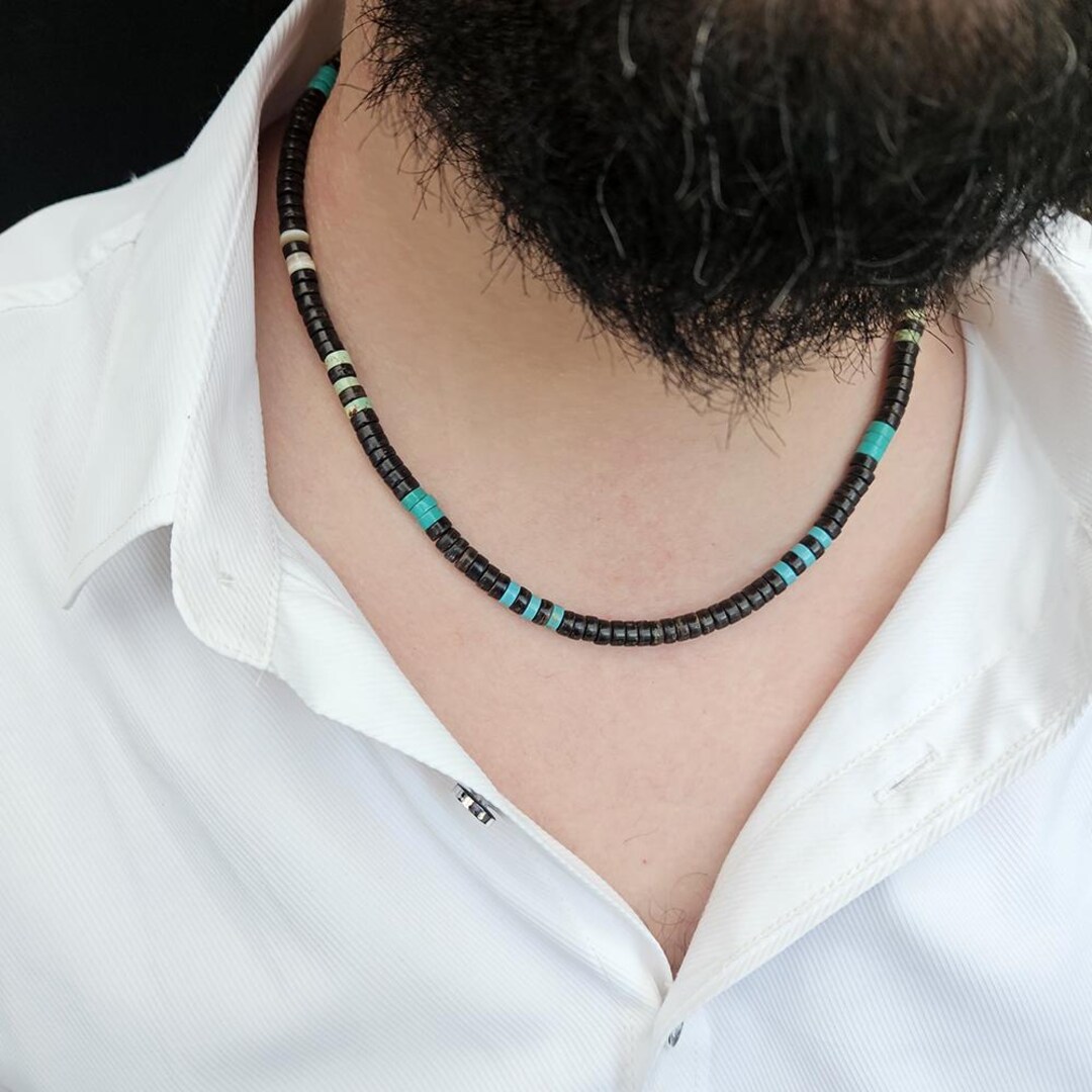 Turquoise Shell Coconut Choker Man, Heishi Choker Mens, Gemstone Choker ...