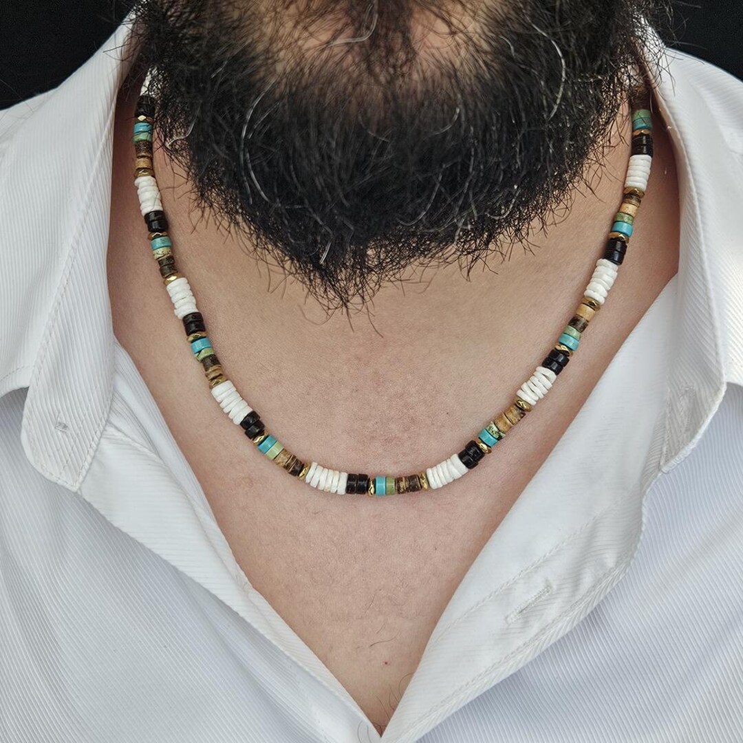 Shell Turquoise and Coconut Choker Man, Heishi Choker Mens, Gemstone ...