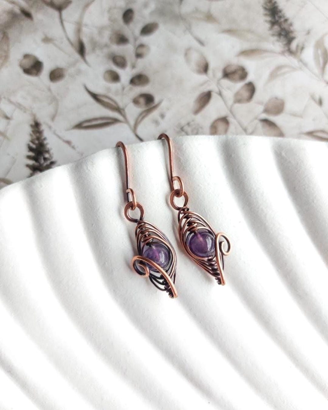 Cute Copper Earrings With Amethyst, Natural Handmade Jewelry, Casual ...