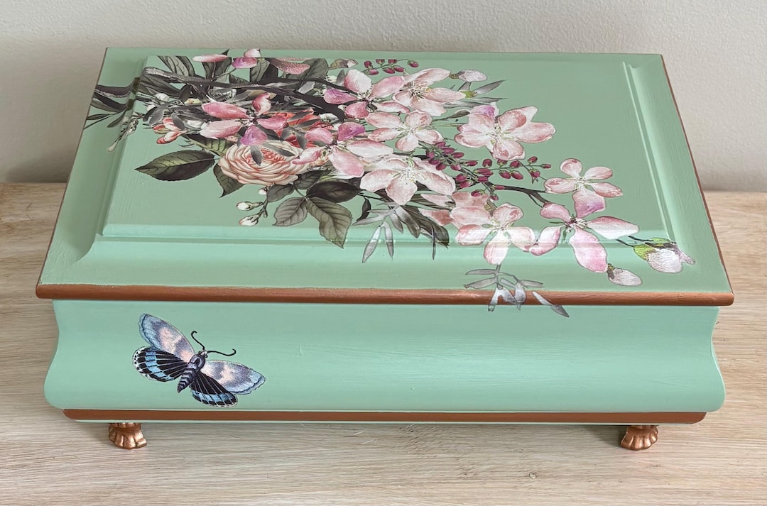 Hand Painted Jewelry Box, Green Jewelry Box, Sage Green, Floral Jewelry ...