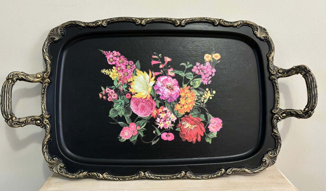 Gorgeous Extra Large Painted Silver Tray, Upcycled Silver Tray, Large ...