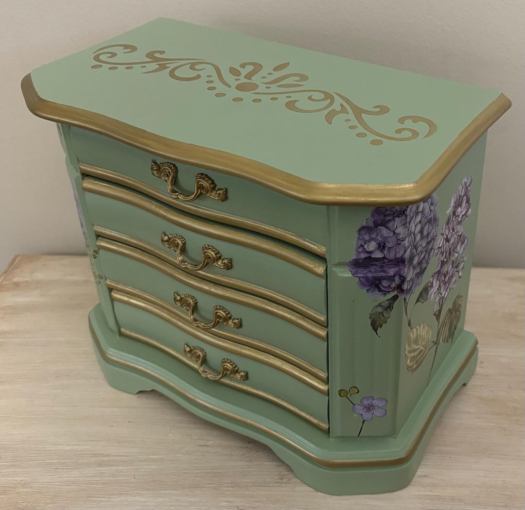Hand Painted Jewelry Box, Green Jewelry Box, Floral Jewelry Box, Large ...