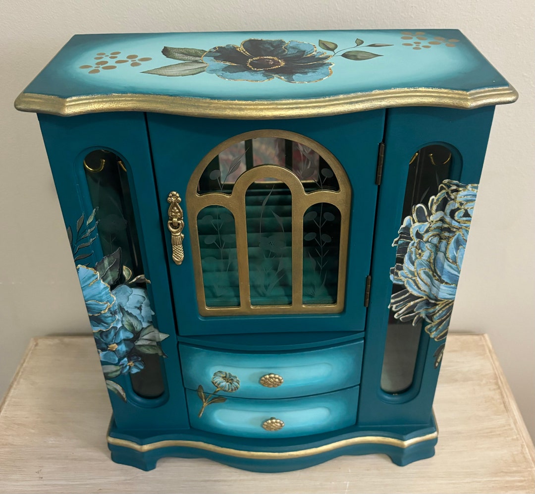 Large Teal Hand Painted Jewelry Box, Turquoise Jewelry Box, Blue ...