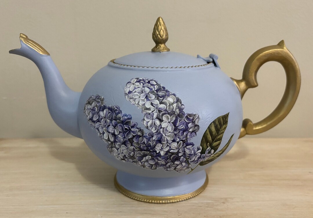 Painted Silver Teapot, Floral Teapot, Decorative Teapot, Blue Floral ...
