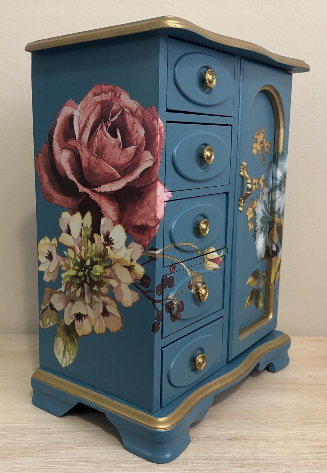Large Jewelry Box, Blue Jewelry Box, Tabletop Jewelry Box, Floral ...