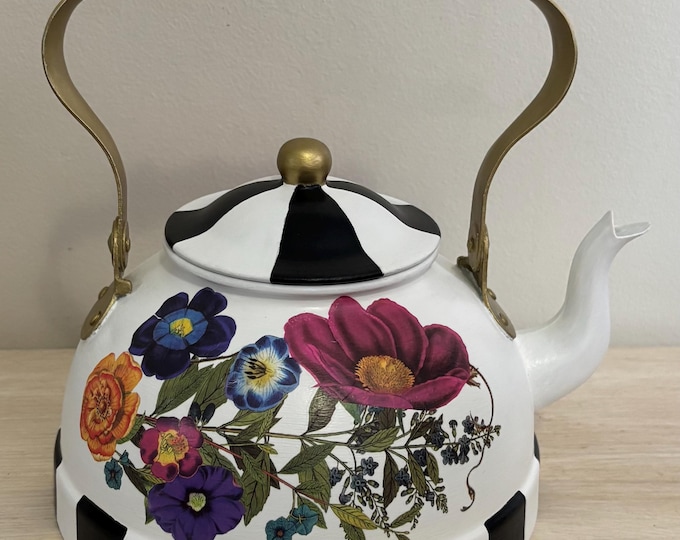 Whimsical Tea Kettle, Painted Tea Kettle, Floral Tea Kettle, Checked ...