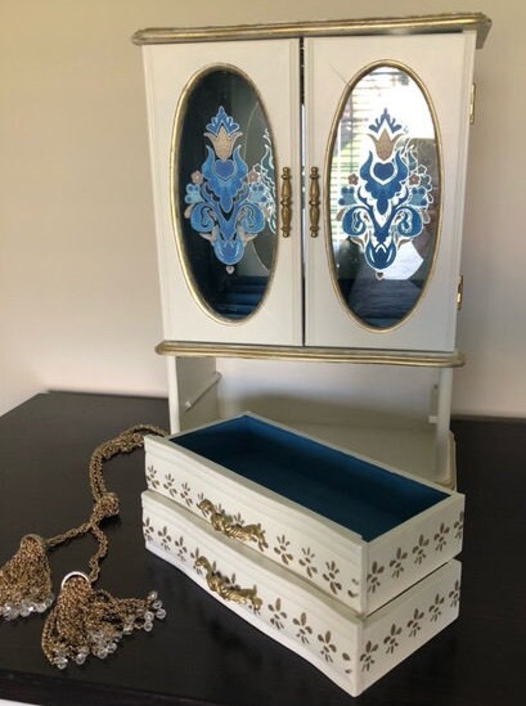 Large Ivory Hand Painted Upcycled Jewelry Box, Ladies Jewelry Box ...