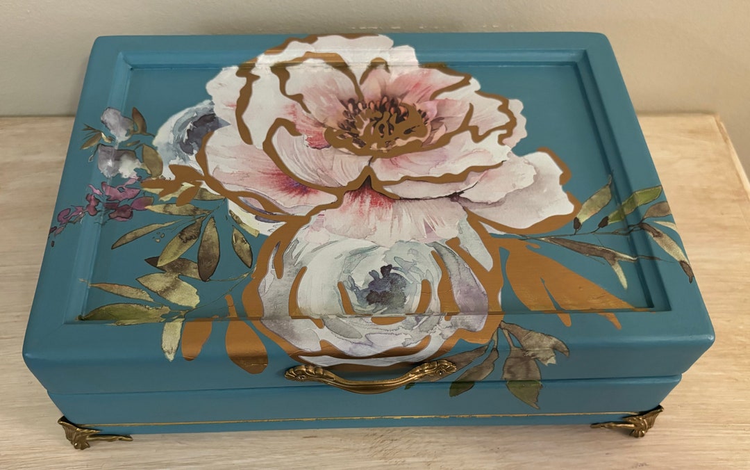 Floral Jewelry Box, Upcycled Jewelry Box, Blue Jewelry Box, Hand ...