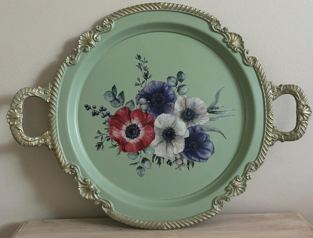 Large Hand Painted Decorative Tray, Floral Tray, Upcycled Silver Tray ...