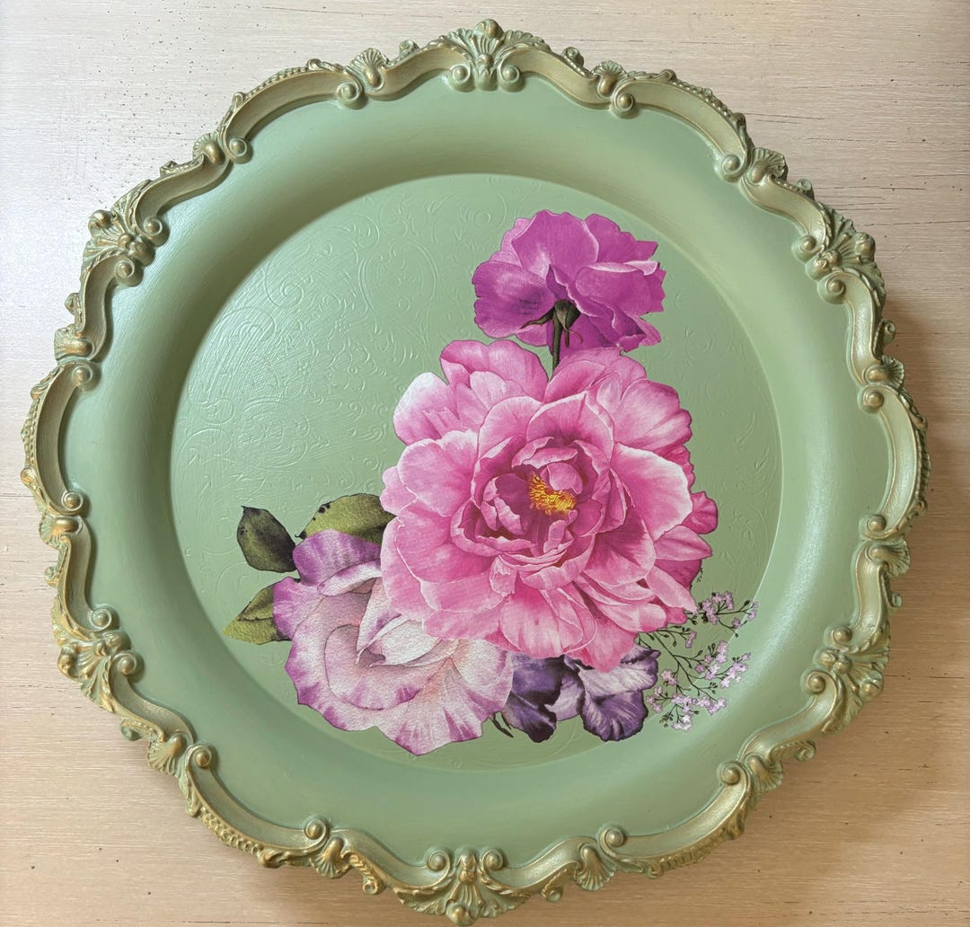 Painted Footed Silver Plate, Decorative Plate, Floral Plate, Green ...