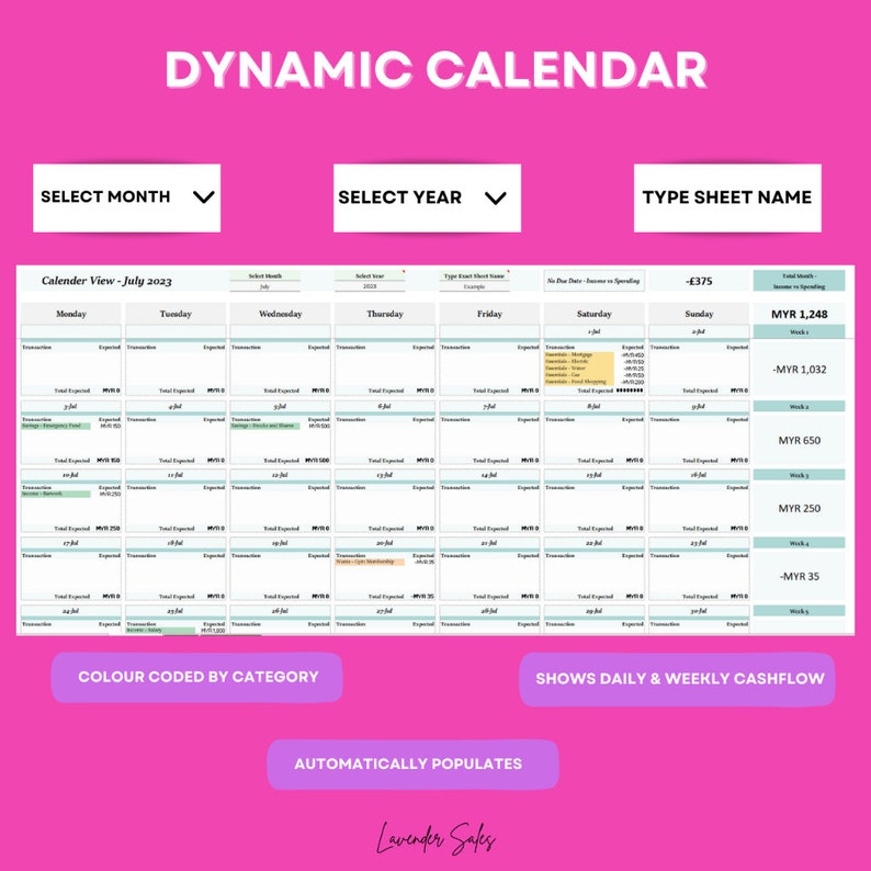 Excel Monthly Budget Planner - Calendar View | Financial Tracker | Easy ...