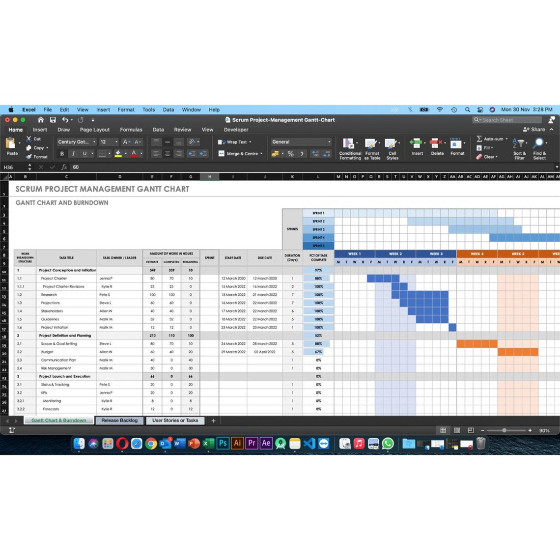 Scrum Project Management Gantt Chart Excel Template - Etsy