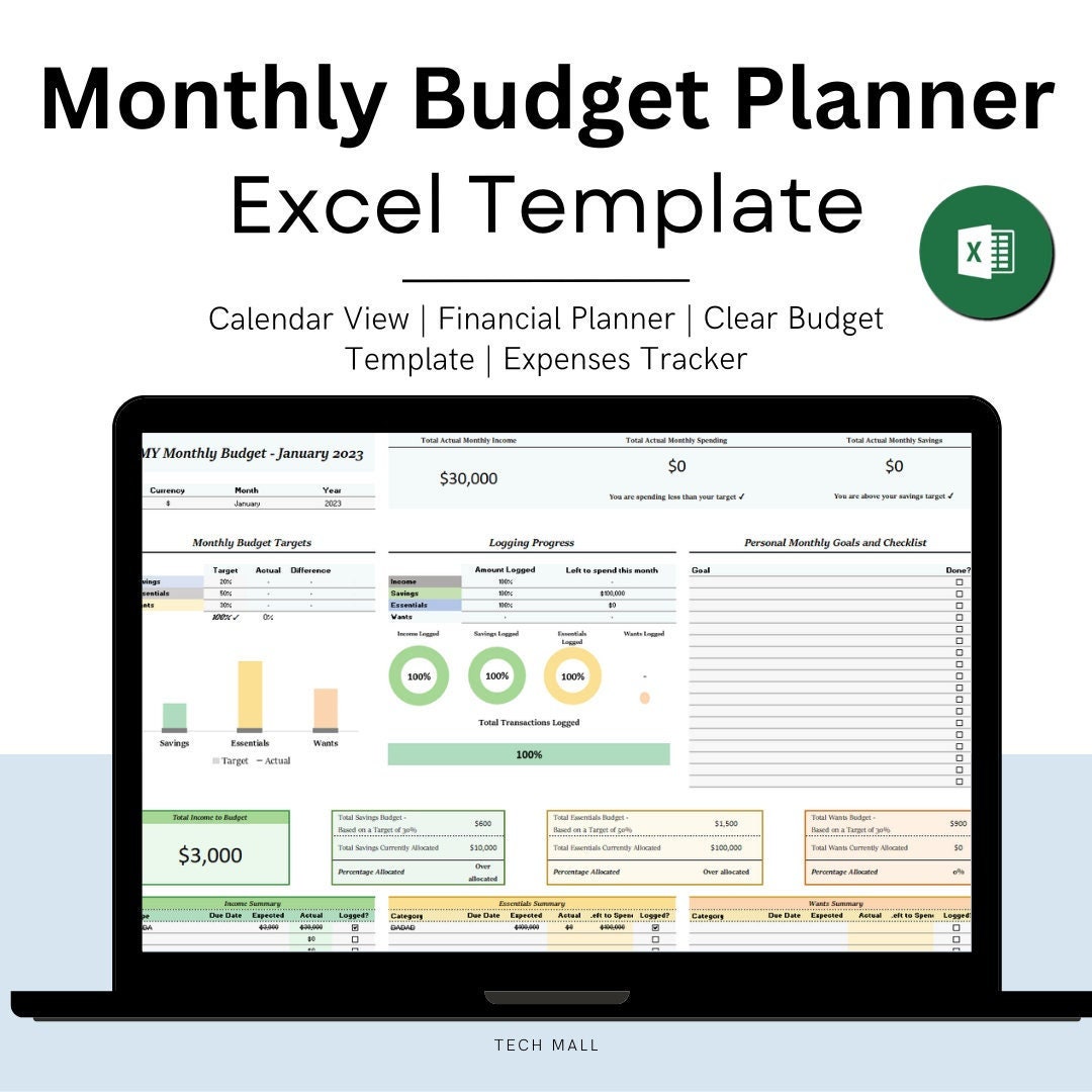 Excel Monthly Budget Planner - Calendar View Financial Tracker Easy ...
