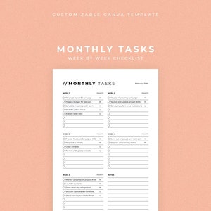 Printable Monthly Task List Canva Template, Monthly to Do List Template ...