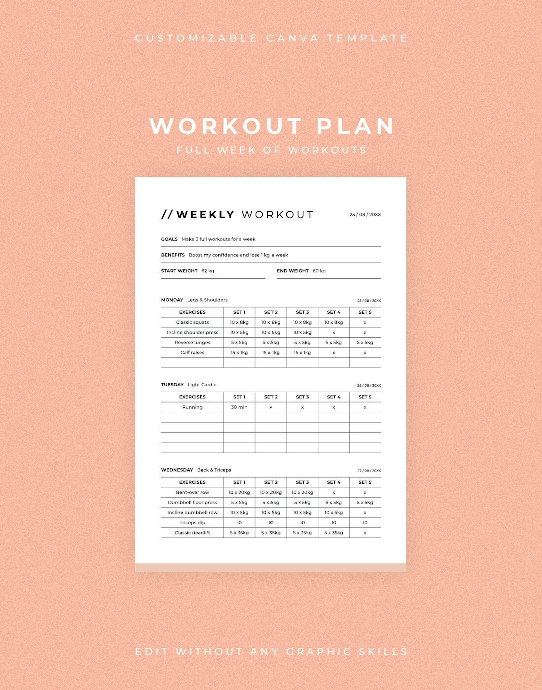 Printable Weekly Workout Tracker, Canva Template (digital Download) - Etsy