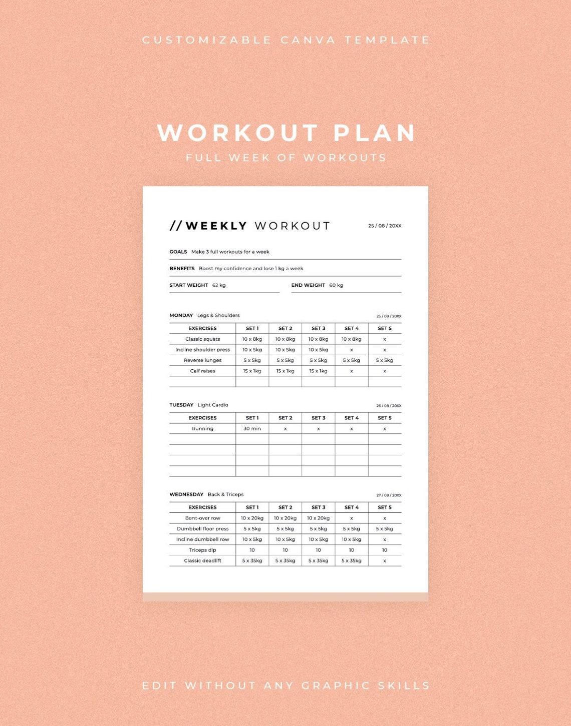 Printable Weekly Workout Tracker, Canva Template (digital Download) - Etsy