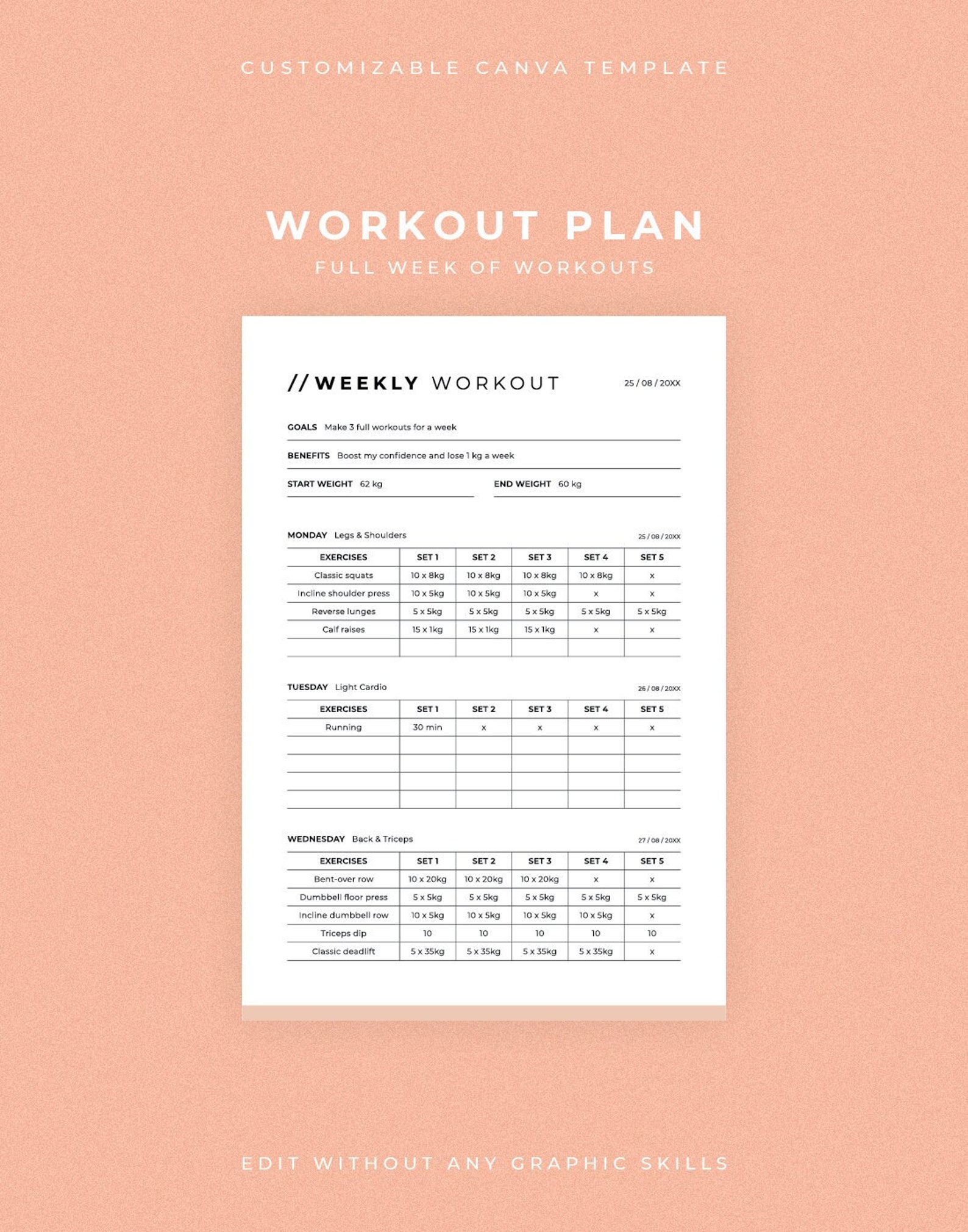 Printable Weekly Workout Tracker Canva Template, Printable Fitness ...