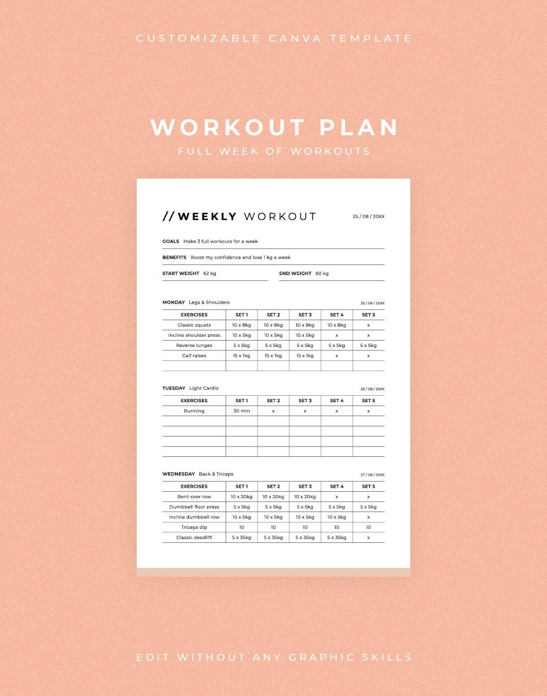 Printable Weekly Workout Tracker Canva Template, Printable Fitness ...