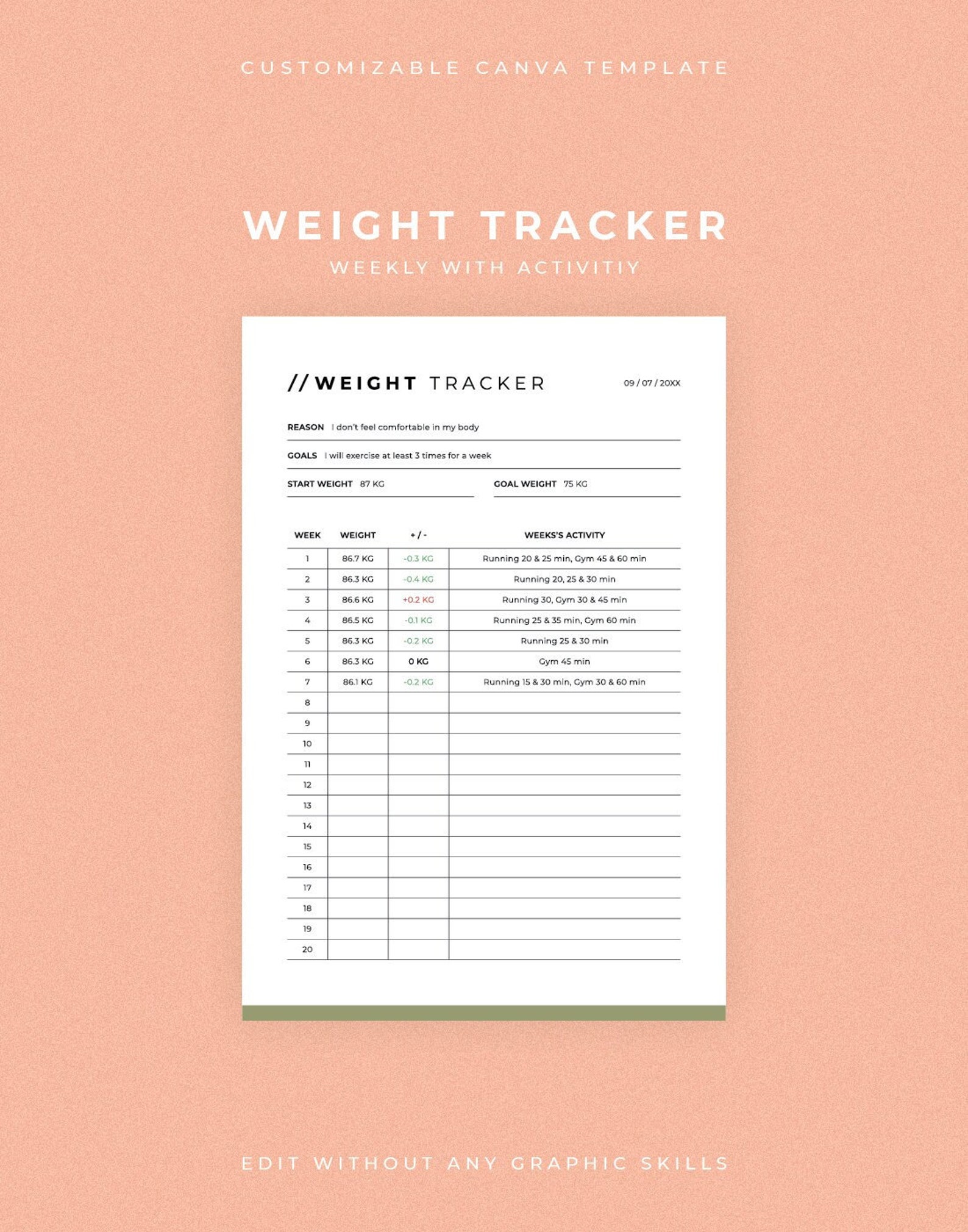 Printable Weekly Weight Tracker Canva Template, Weight Loss Journal ...