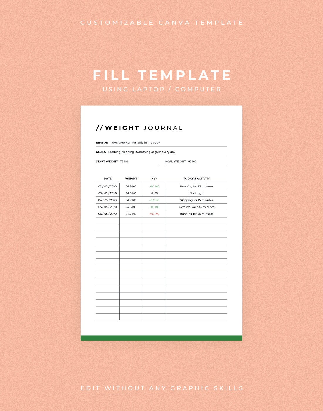 Printable Daily Weight Tracker Canva Template, Weight Loss Journal ...