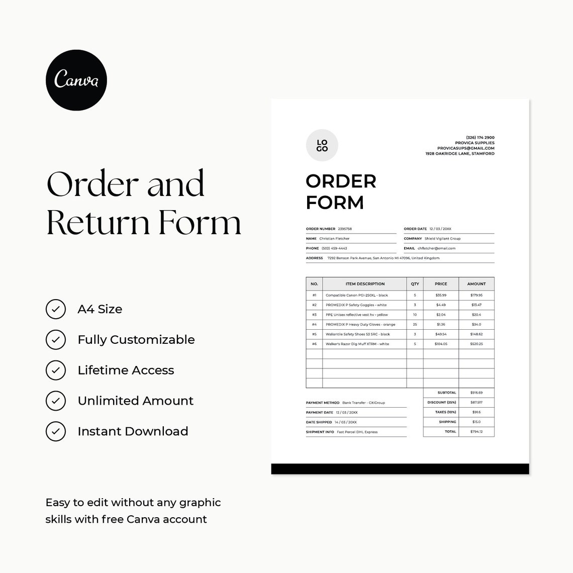 Order + Return Form Canva Template, Client Order and Refund Form, Small ...