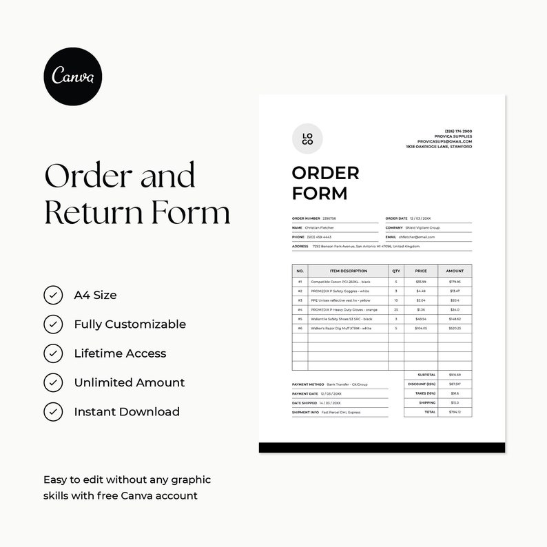 Order + Return Form Canva Template, Client Order and Refund Form, Small ...