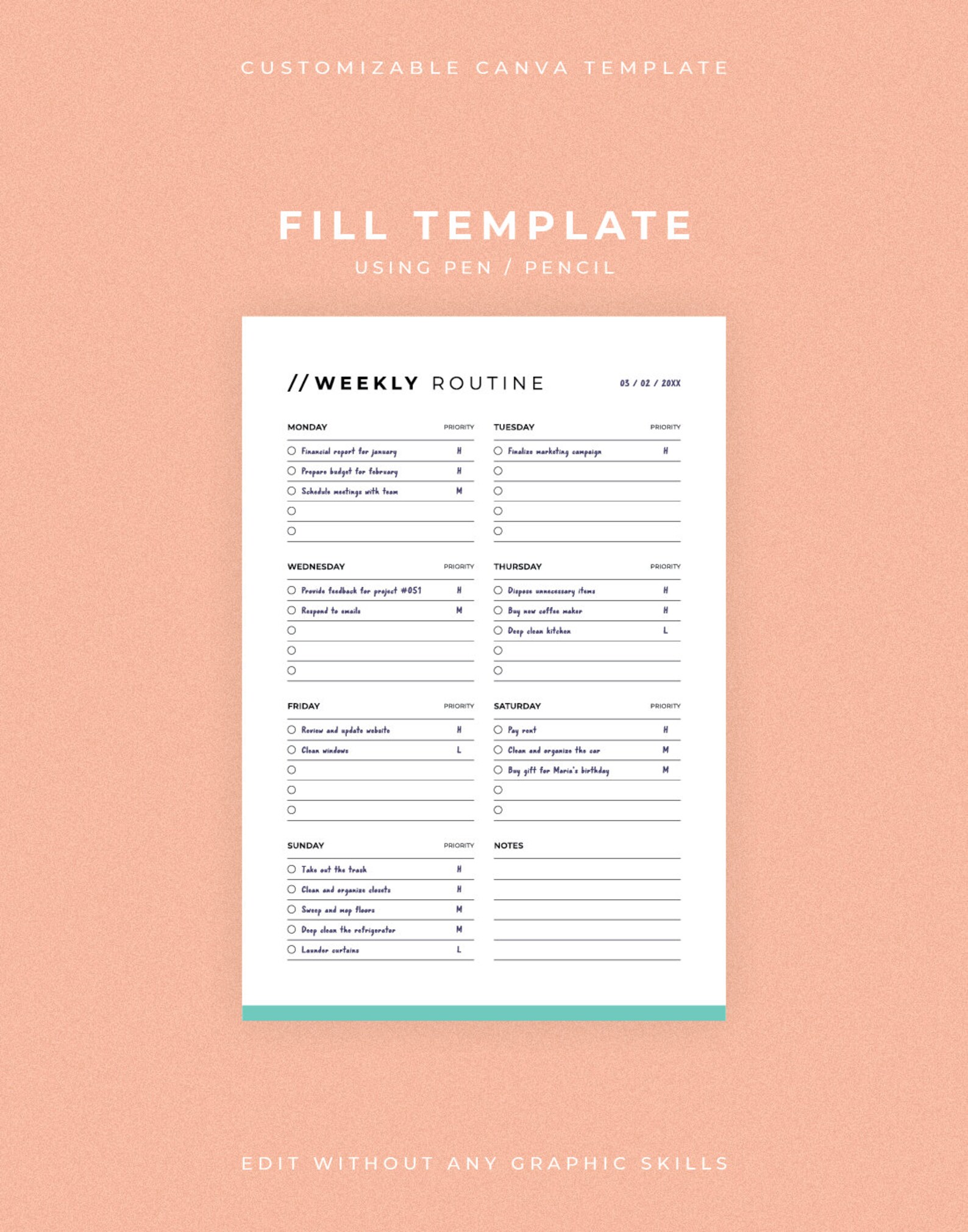 Printable Weekly Task List Template, Canva Editable (digital Download ...
