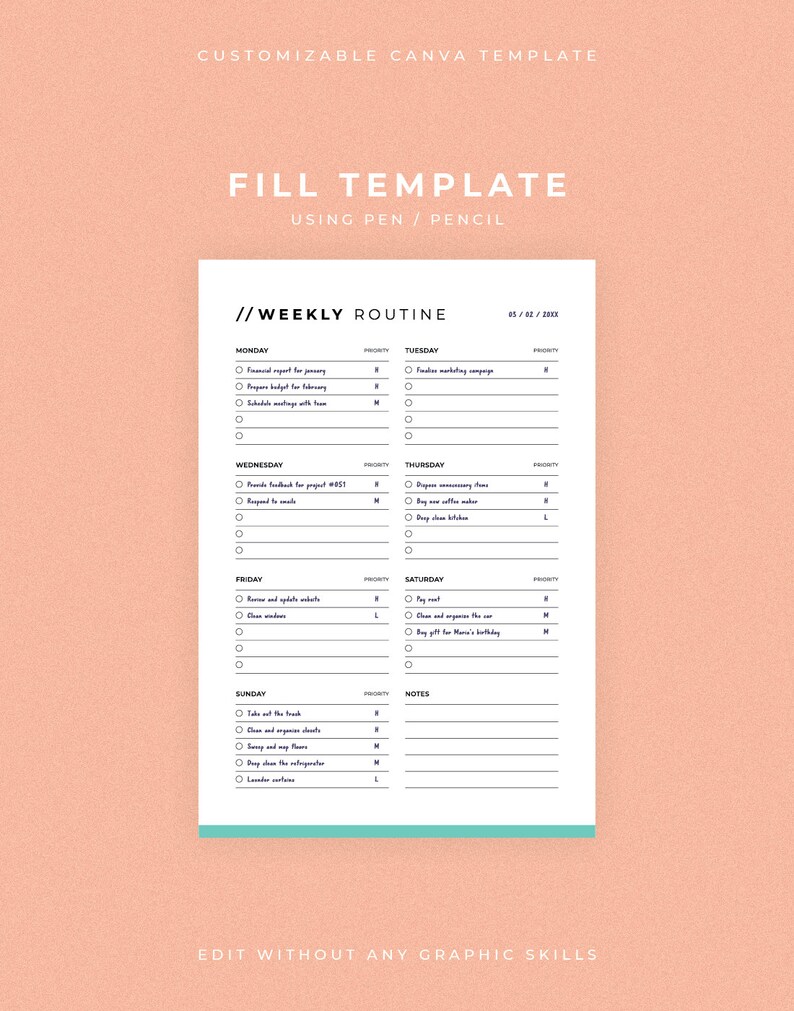 Printable Weekly Task List Template, Canva Editable (digital Download ...