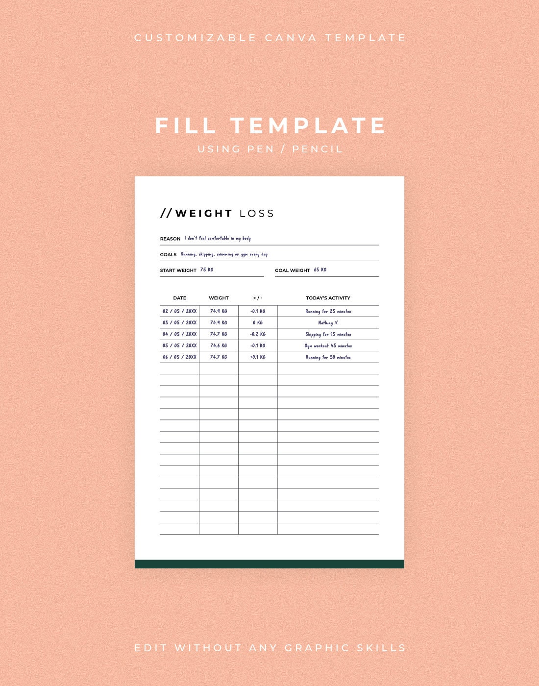 Printable Daily Weight Tracker Canva Template, Weight Loss Journal ...