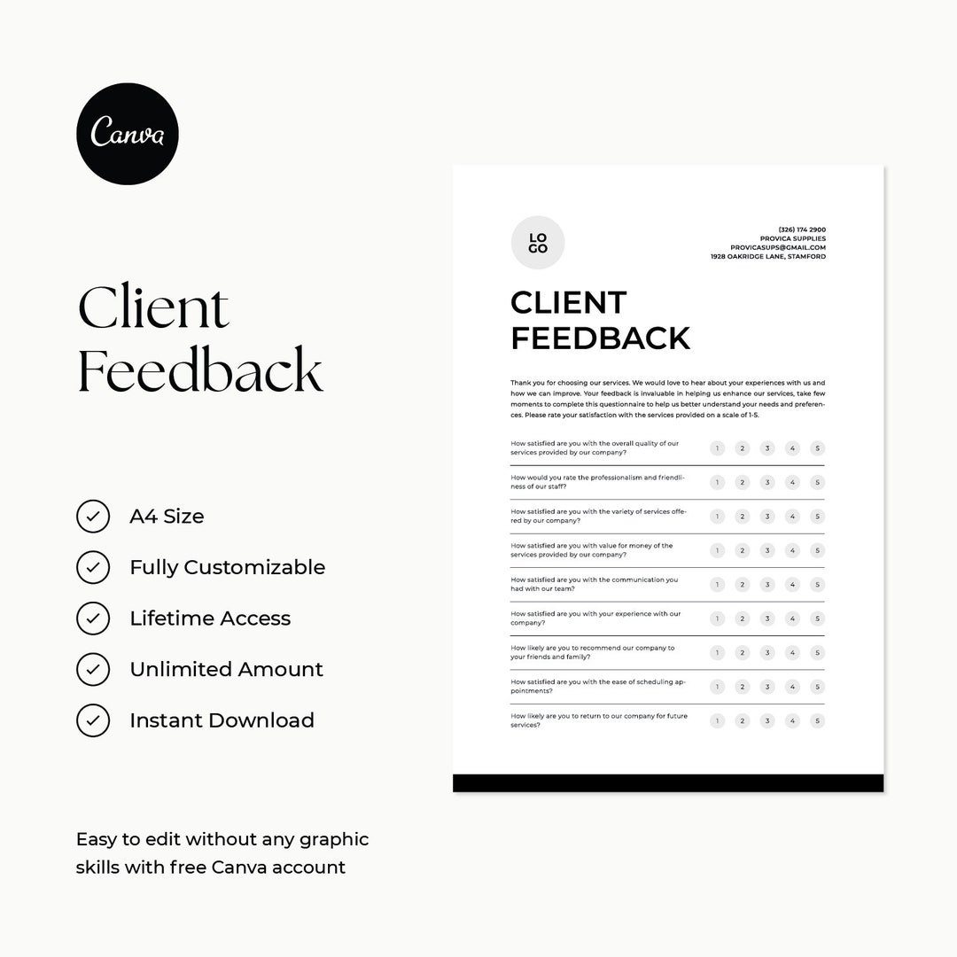 Client Feedback Form Template, Customer Satisfaction Survey (canva, A4 ...
