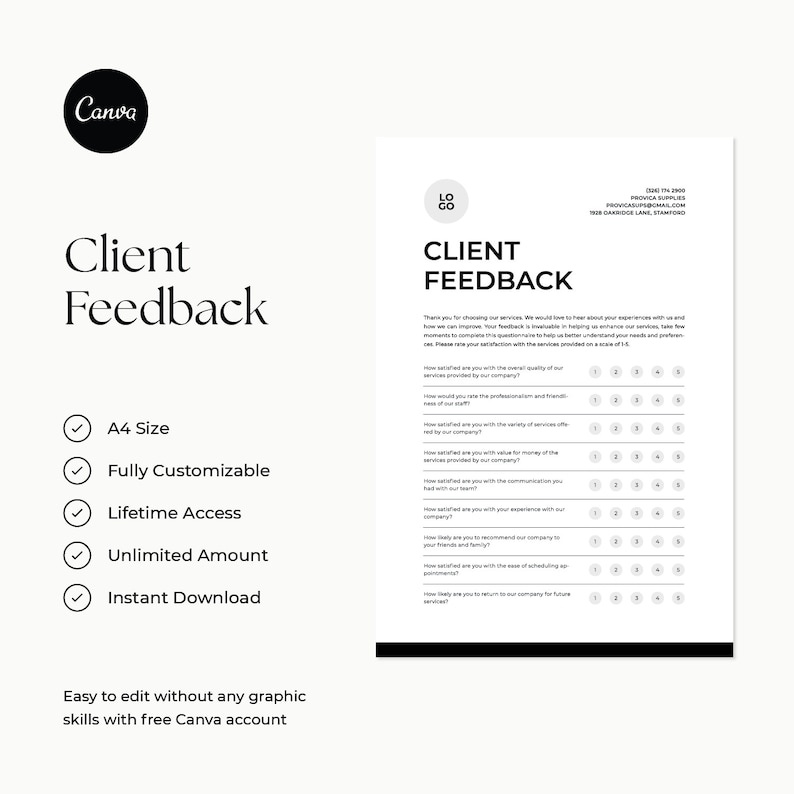 Client Feedback Form Template, Customer Satisfaction Survey (canva, A4 ...