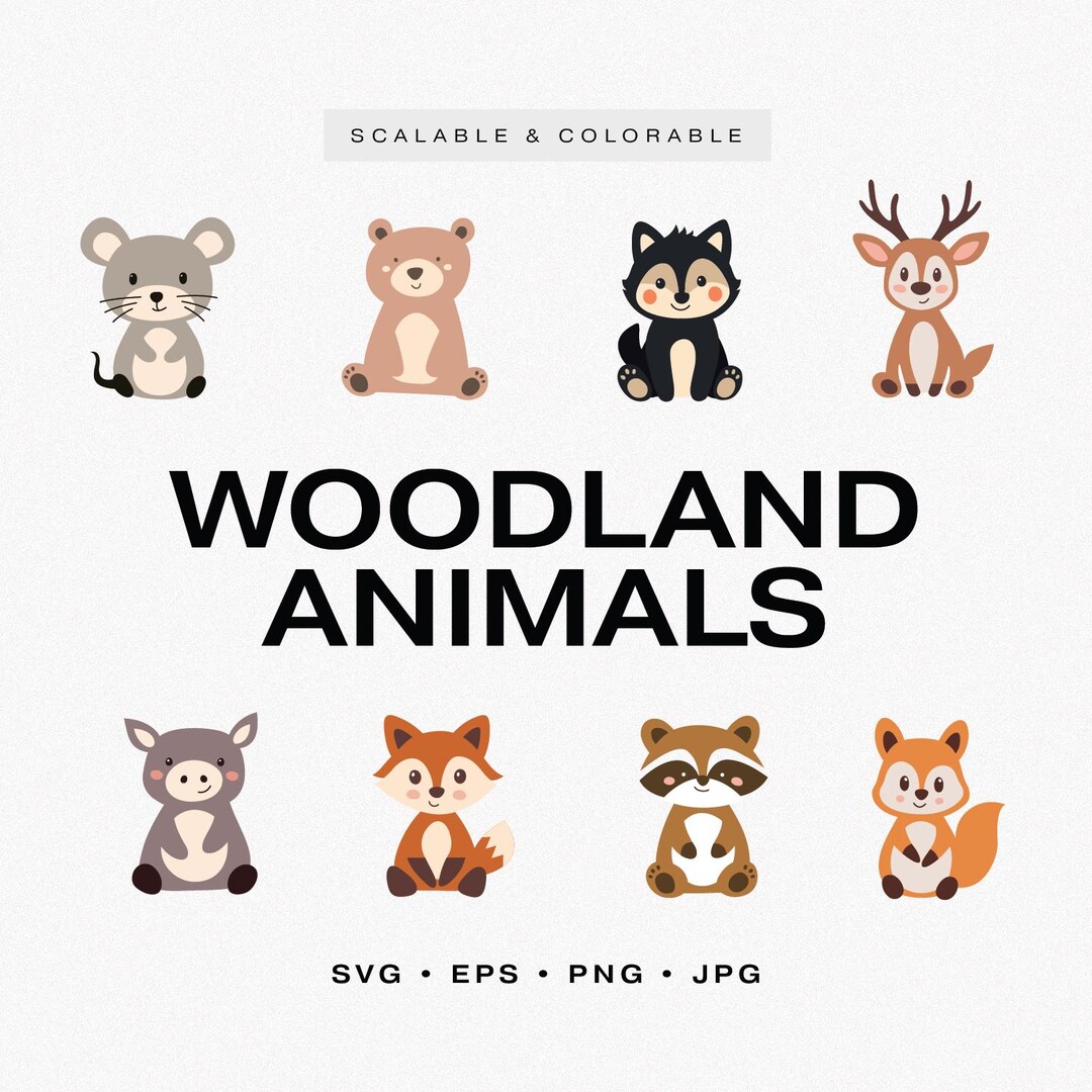 Cute Woodland Animal Vector Clipart Bundle, Adorable SVG Illustrations ...