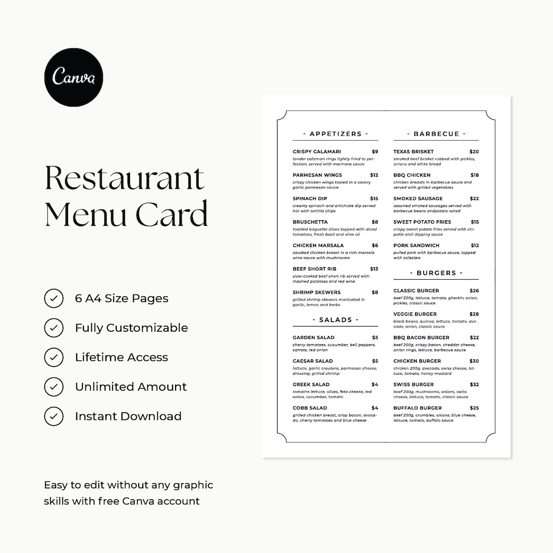Restaurant Menu Book Canva Template, Fully Editable Restaurant Folder ...