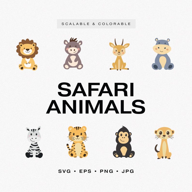 Adorable Safari Animal Vector SVG Set, Cute Safari Animals ...