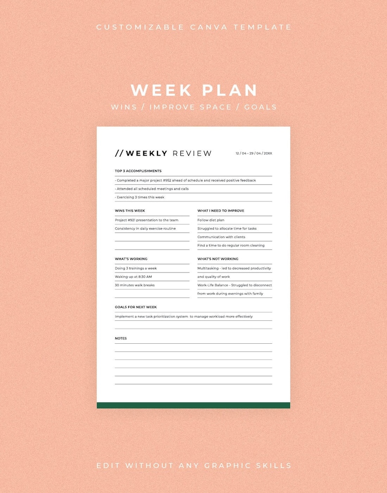 Printable Weekly Review Canva Template, Printable Weekly Reflections ...