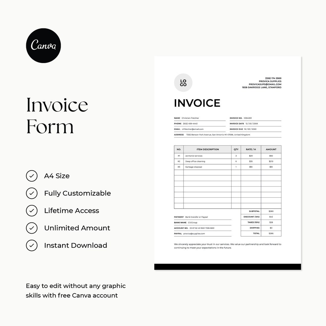 Invoice Form Canva Template, Client Payment for Service Form, Small ...