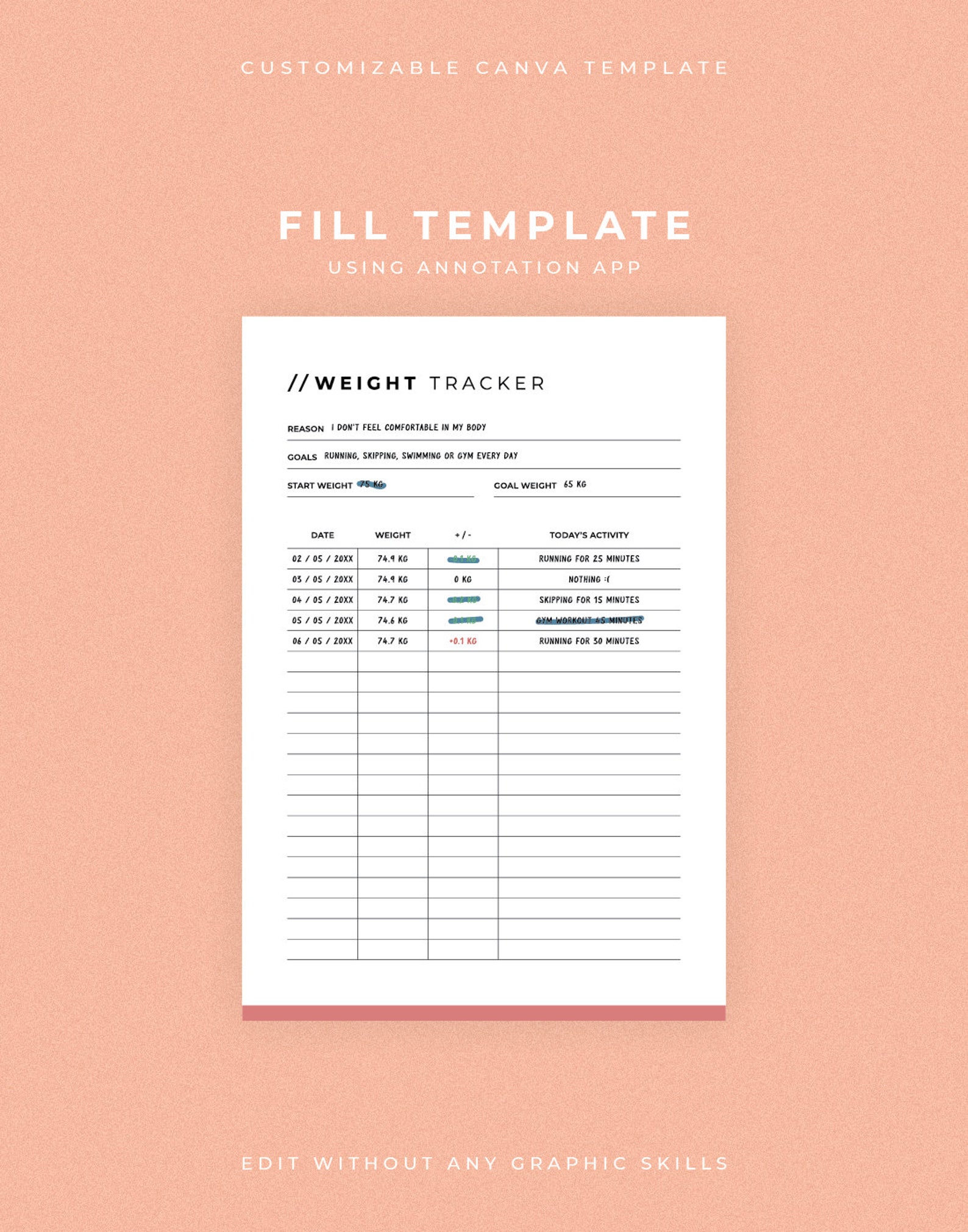Printable Daily Weight Tracker Canva Template, Weight Loss Journal ...