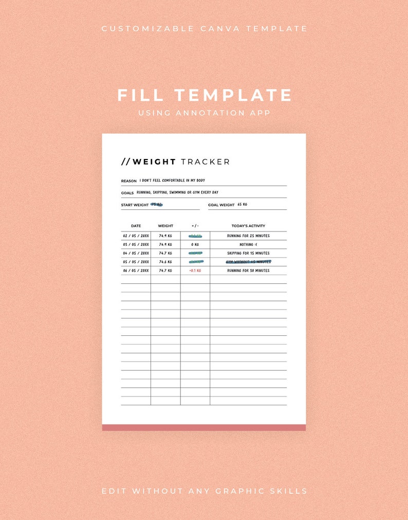 Printable Daily Weight Tracker Canva Template, Weight Loss Journal ...