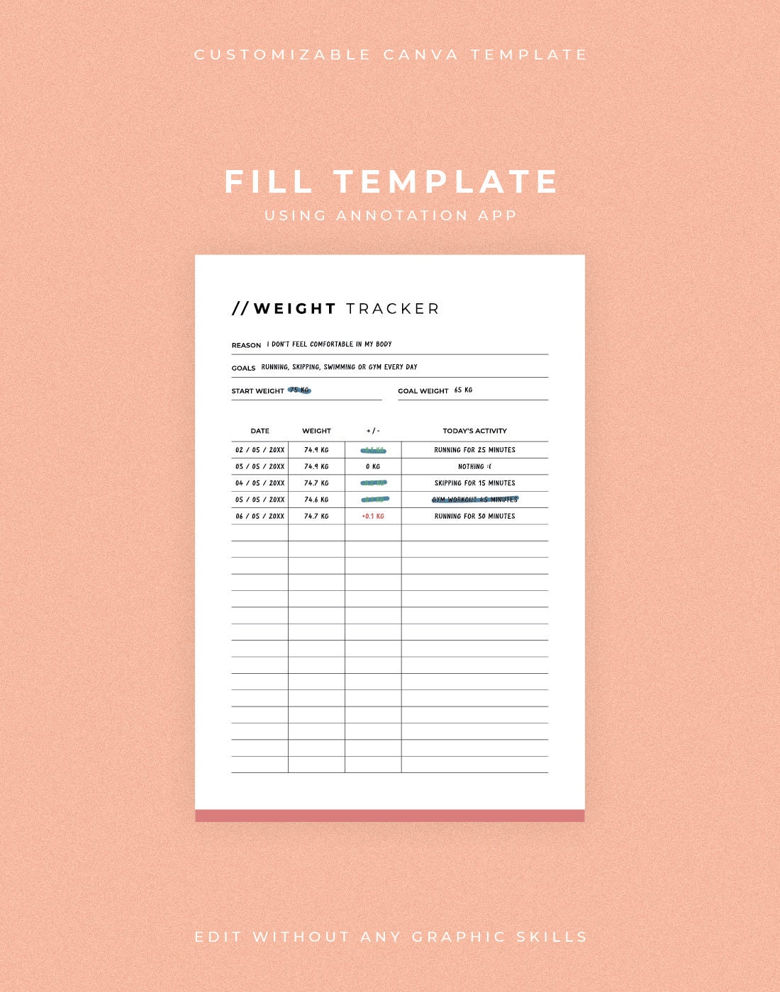Printable Daily Weight Tracker Canva Template, Weight Loss Journal ...