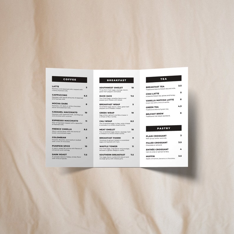 Editable Cafe Menu Trifold Brochure Template, Minimalist Design (A4) - Etsy