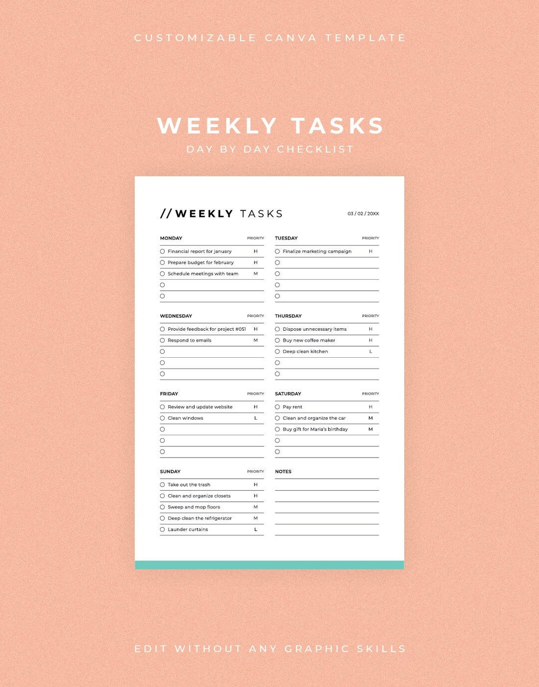 Printable Weekly Task List Canva Template, Weekly to Do List Template ...