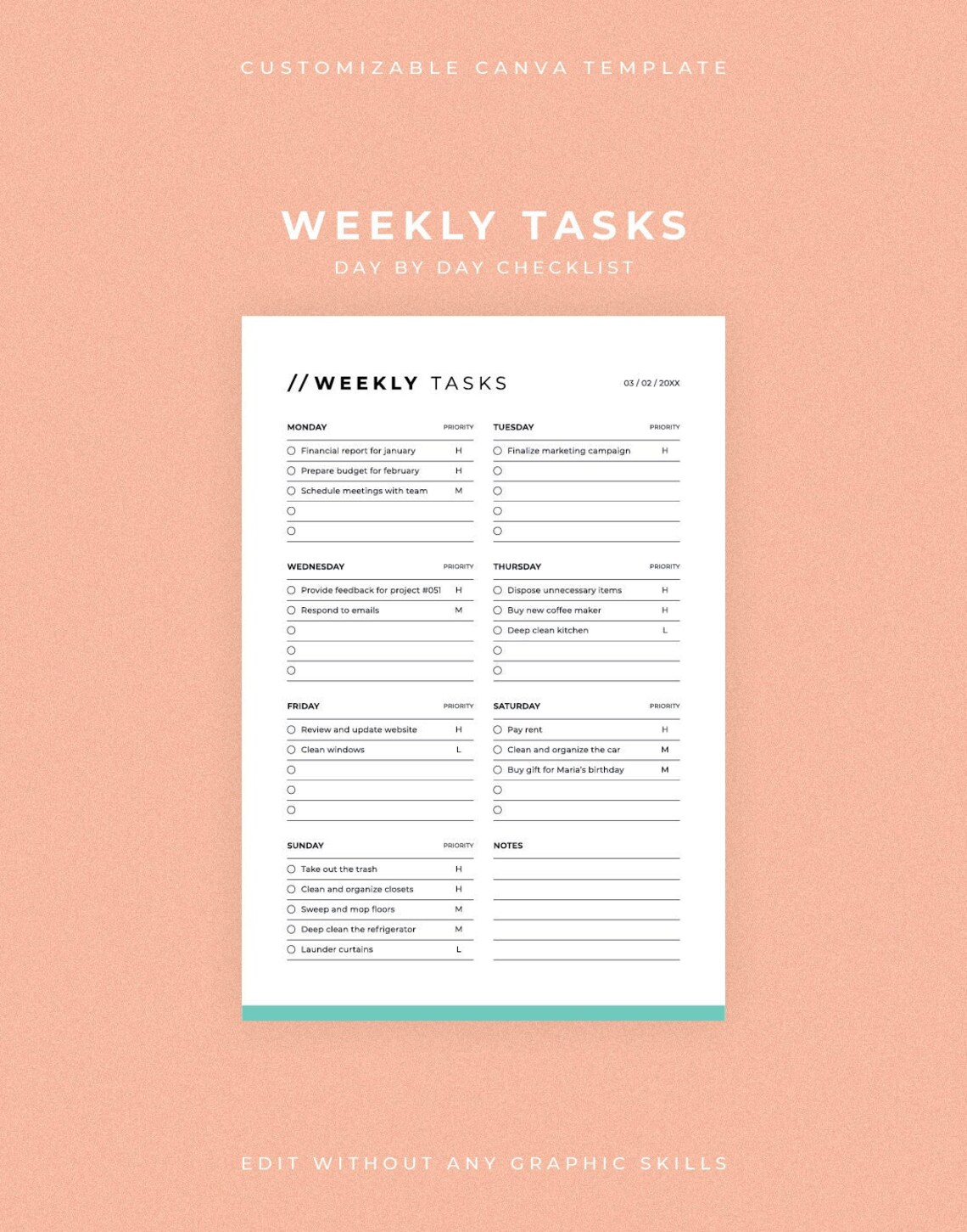 Printable Weekly Task List Template, Canva Editable (digital Download ...