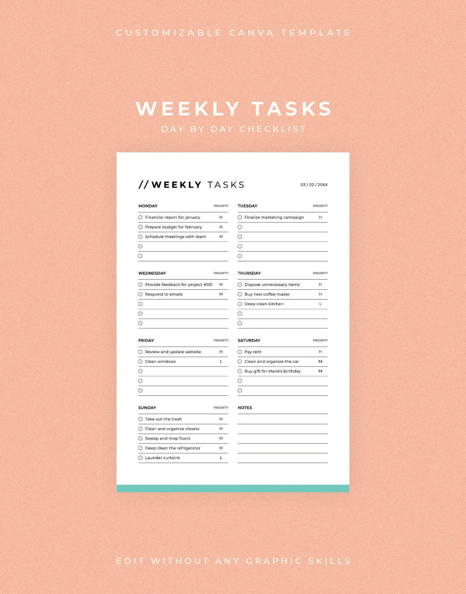 Printable Weekly Task List Canva Template, Weekly to Do List Template ...
